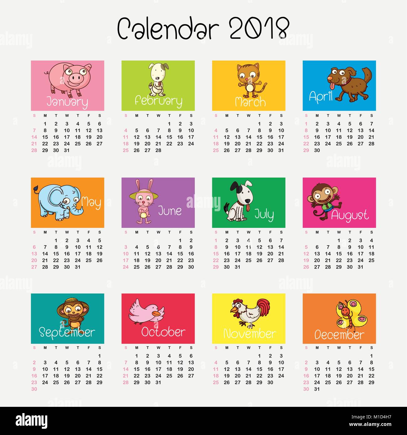 Calendar template with different animals illustration Stock Vector ...