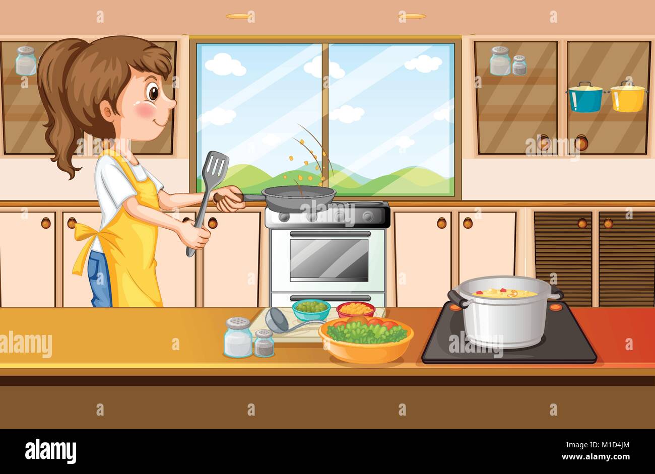 Woman cooking in kitchen illustration Stock Vector Image & Art - Alamy