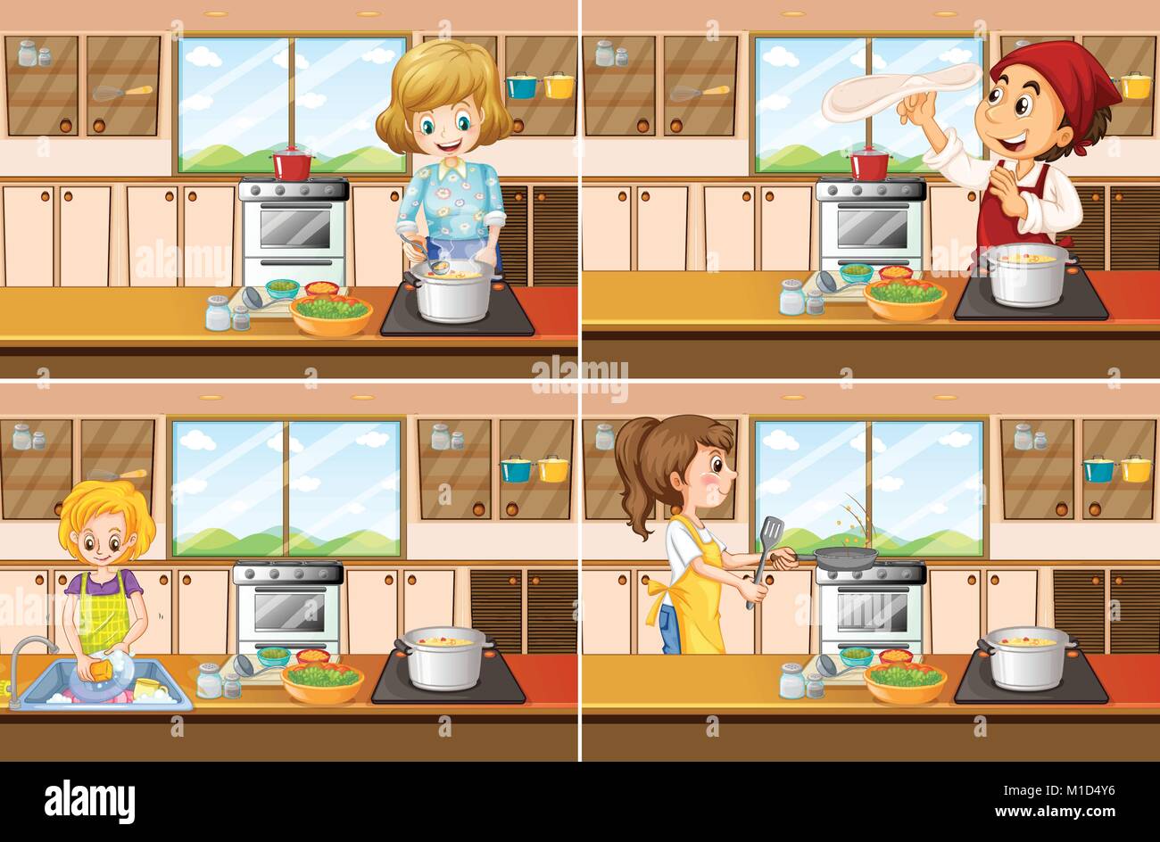 Four kitchen scenes with man and woman cooking illustration Stock ...