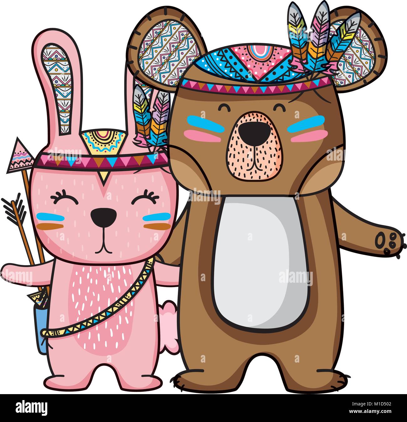 rabbit and bear animals with feathers design vector illustration Stock ...