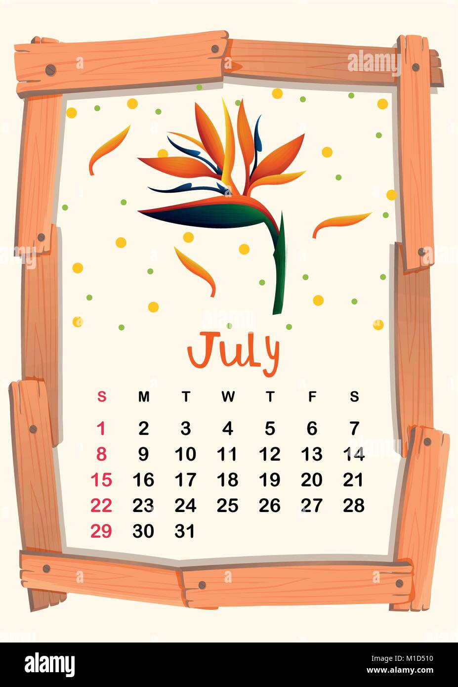 Calendar template with birdofparadise for July illustration Stock ...