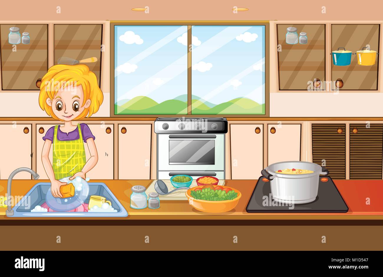 Washing dishes in kitchen sink Stock Vector Images - Alamy