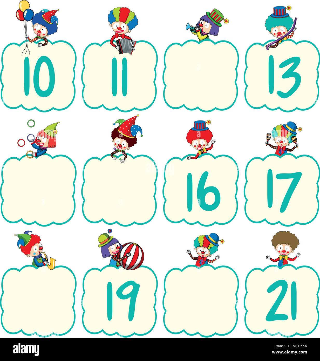 Math worksheet template with clowns and numbers illustration Stock ...