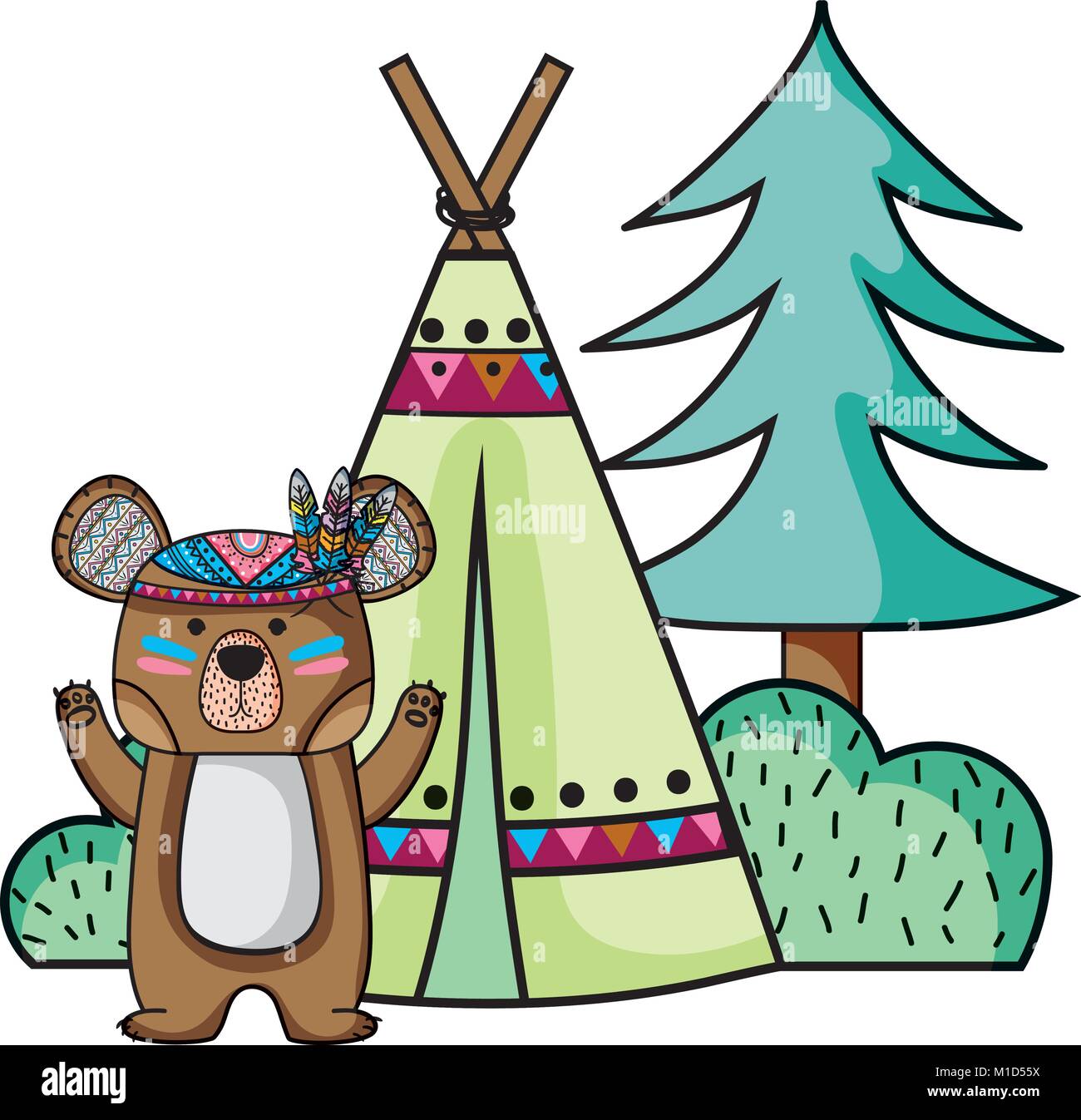 bear animal with camp next to bush and pine tree vector illustration ...