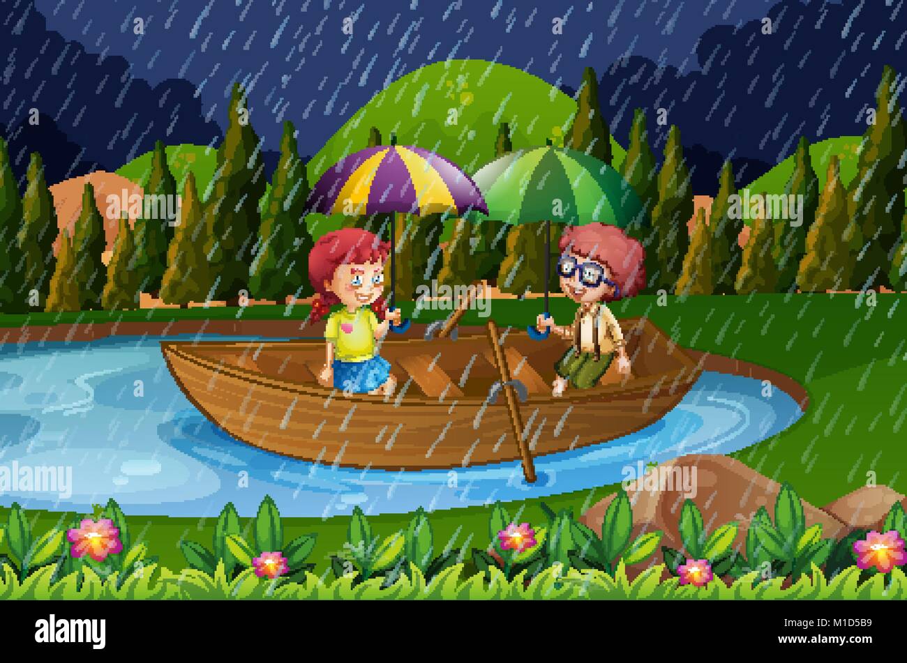 Rainy day with two kids in rowboat illustration Stock Vector Image ...