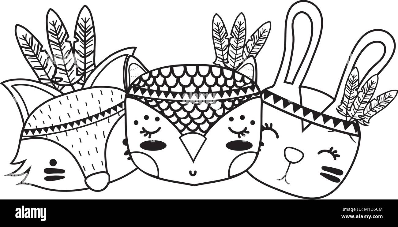 line cute animals head friends with feathers vector illustration Stock ...