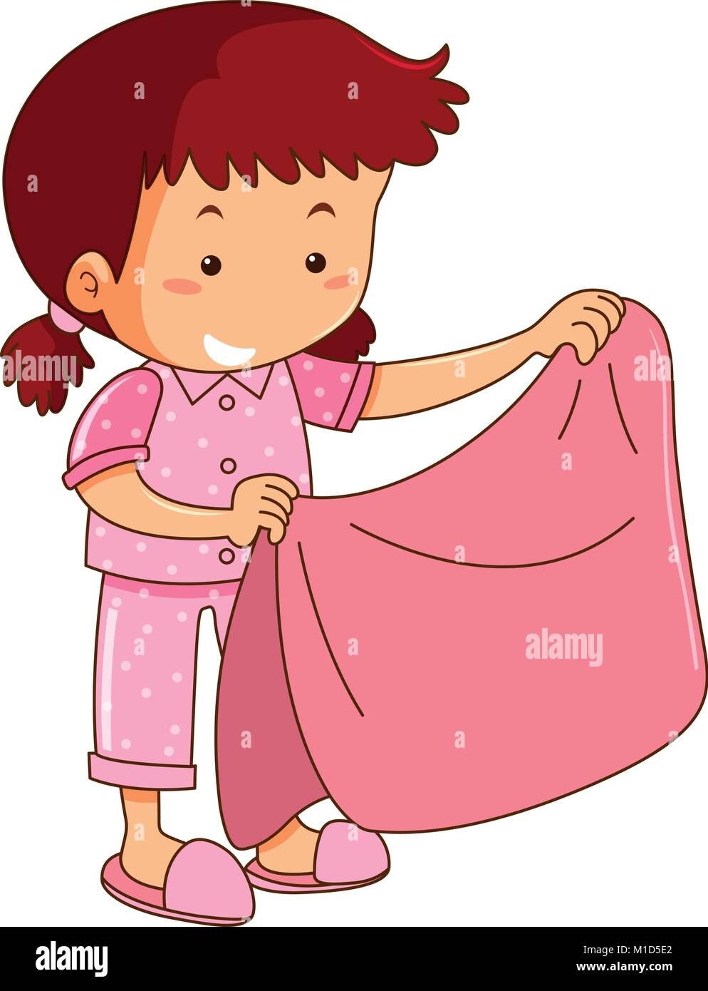 Girl in pink pajamas holding pink blanket illustration Stock Vector ...