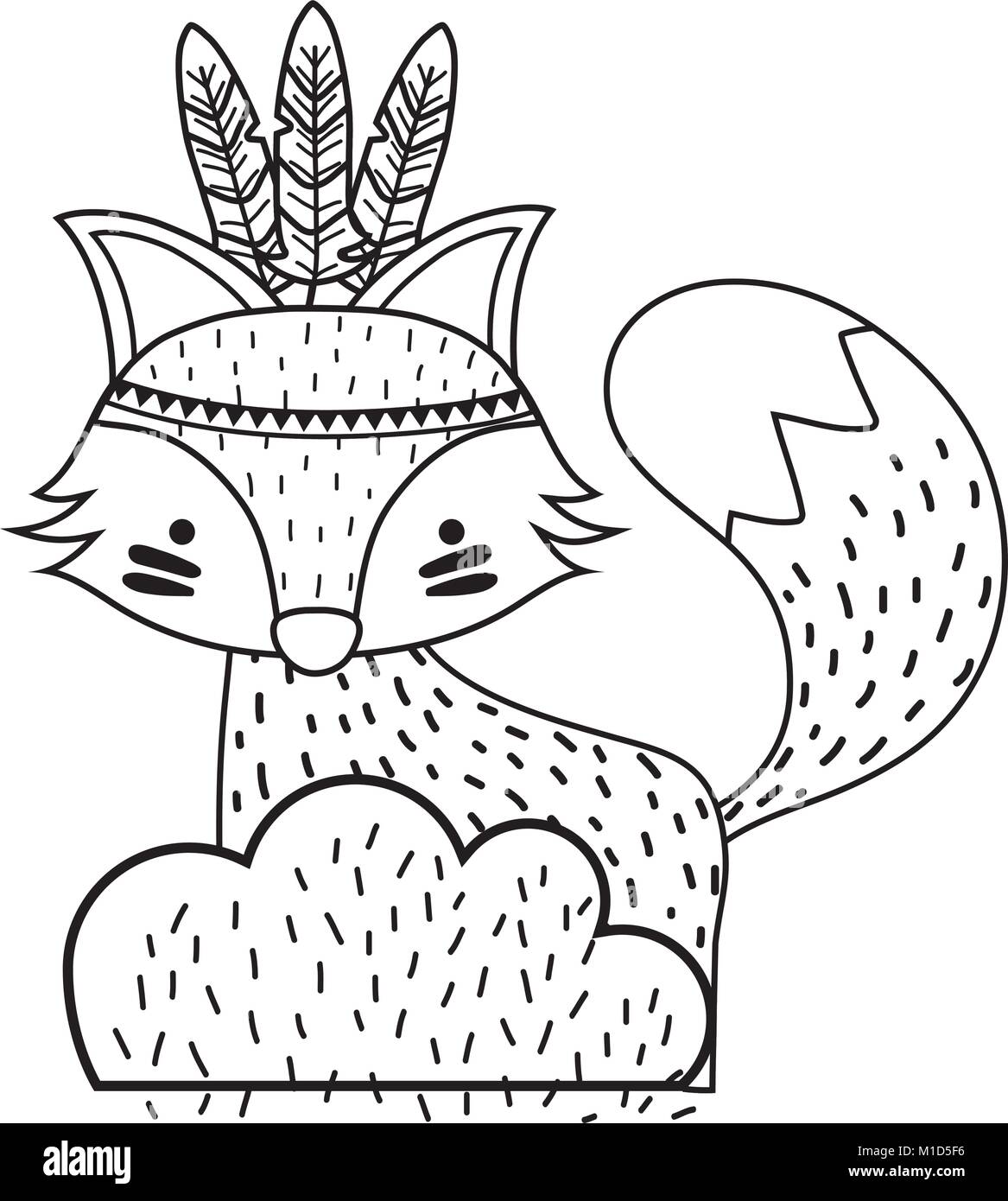 line ethnic fox animal in back of bushes plant vector illustration ...