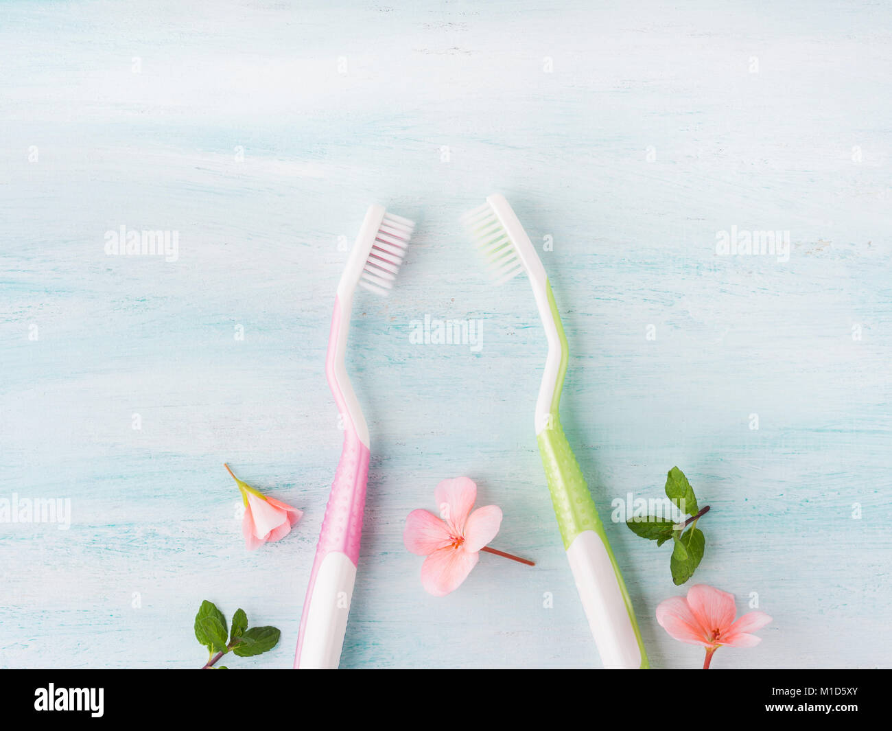 Two pastel toothbrushes with pink flowers mint herb over green textured ...