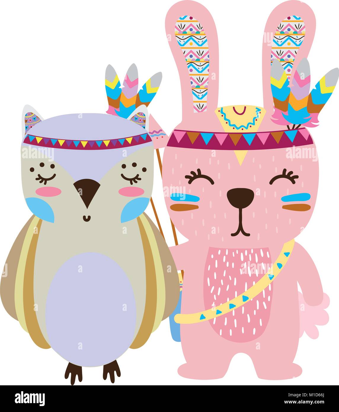 colorful owl and rabbit animals with feathers design vector ...