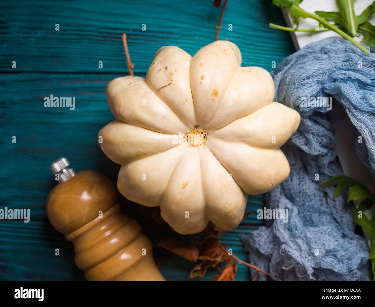 Moody green autumn background with pumpkin. Fall thanksgiving still ...