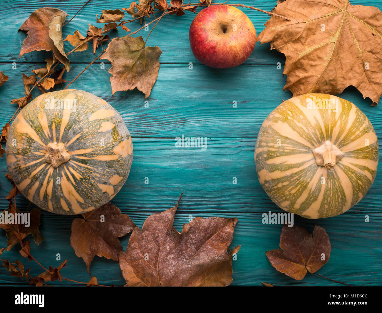 Moody green autumn background with pumpkins , apples, yellow leaves ...