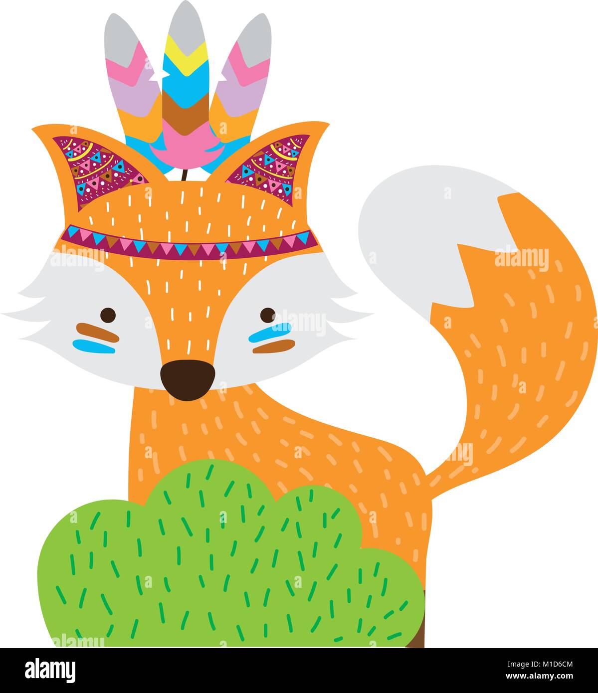colorful ethnic fox animal in back of bushes plant vector illustration ...