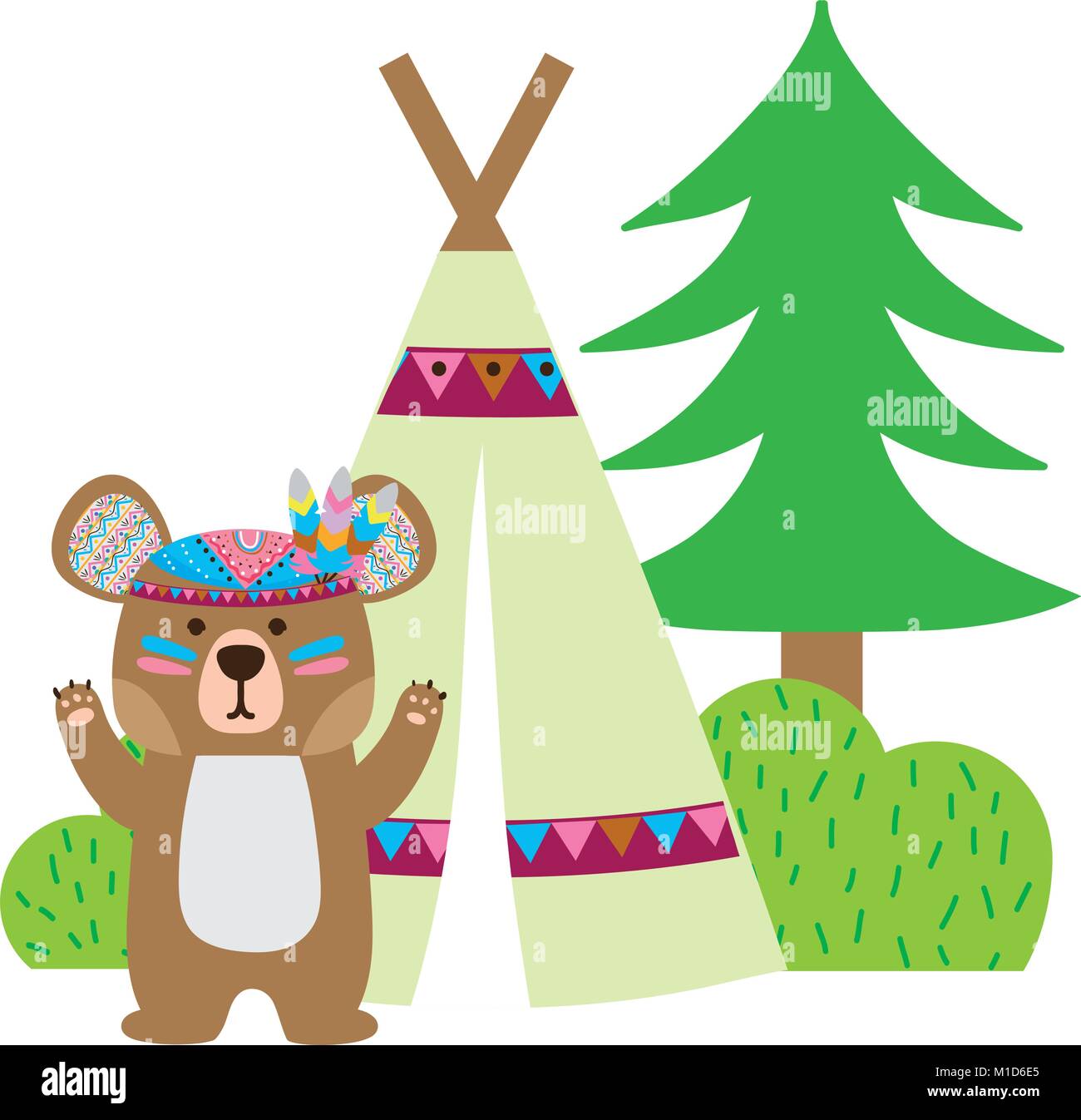 colorful bear animal with camp next to bush and pine tree vector ...