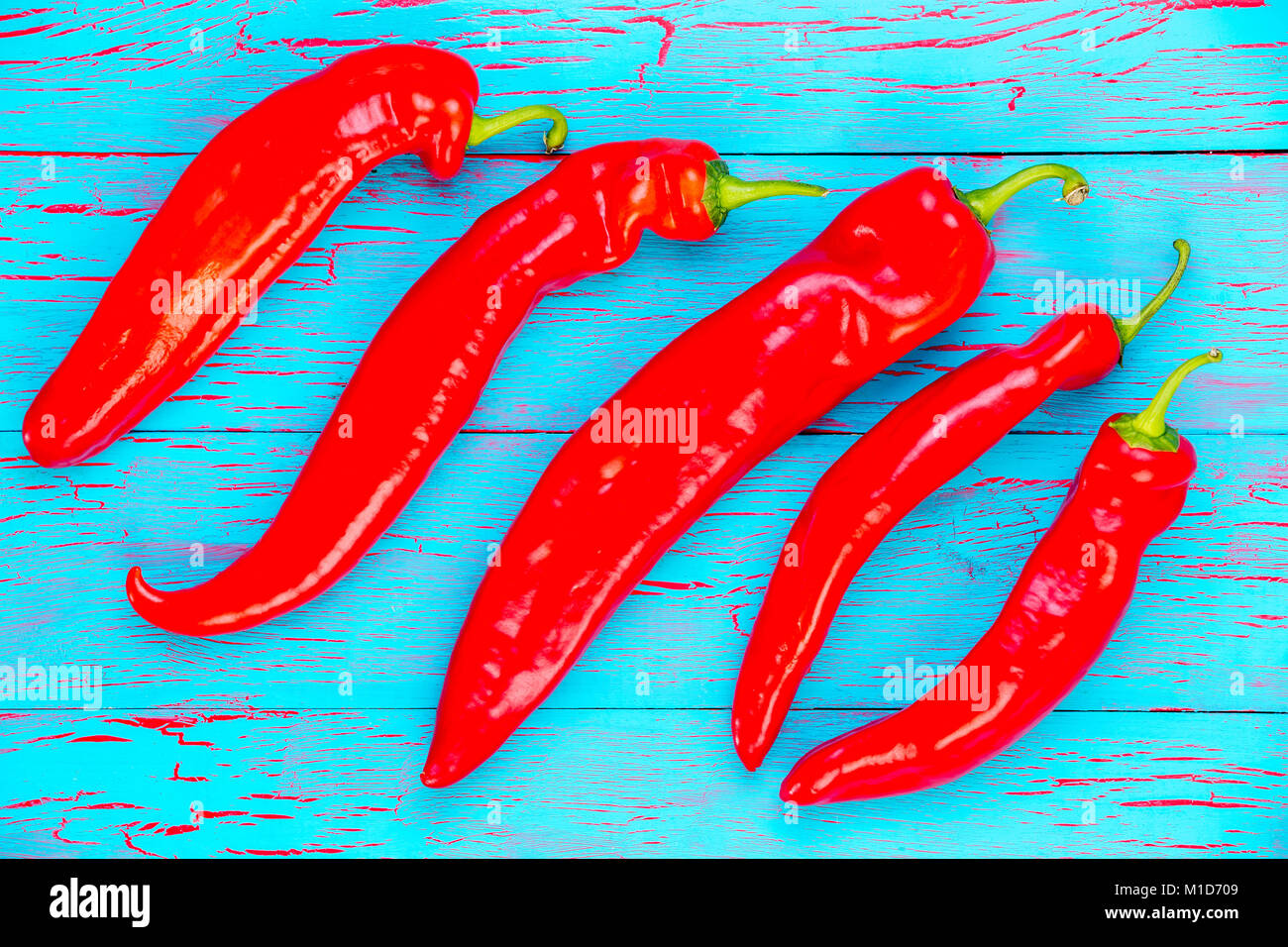 Diagonal line of whole raw fresh red hot chili peppers over a blue ...