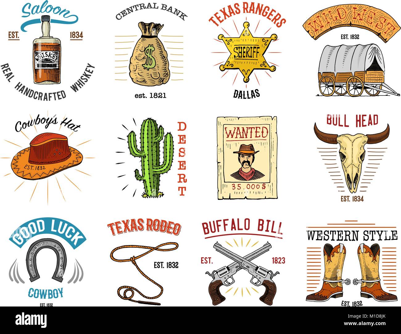 Cowboy set badges. Wild west, rodeo or indians with lasso. hat and gun ...