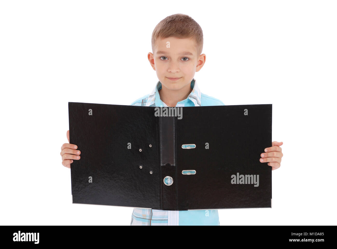 The boy holds the opened black folder. On white background Stock Photo ...