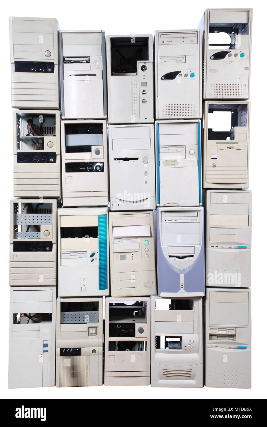 Many old computers case on white background Stock Photo - Alamy