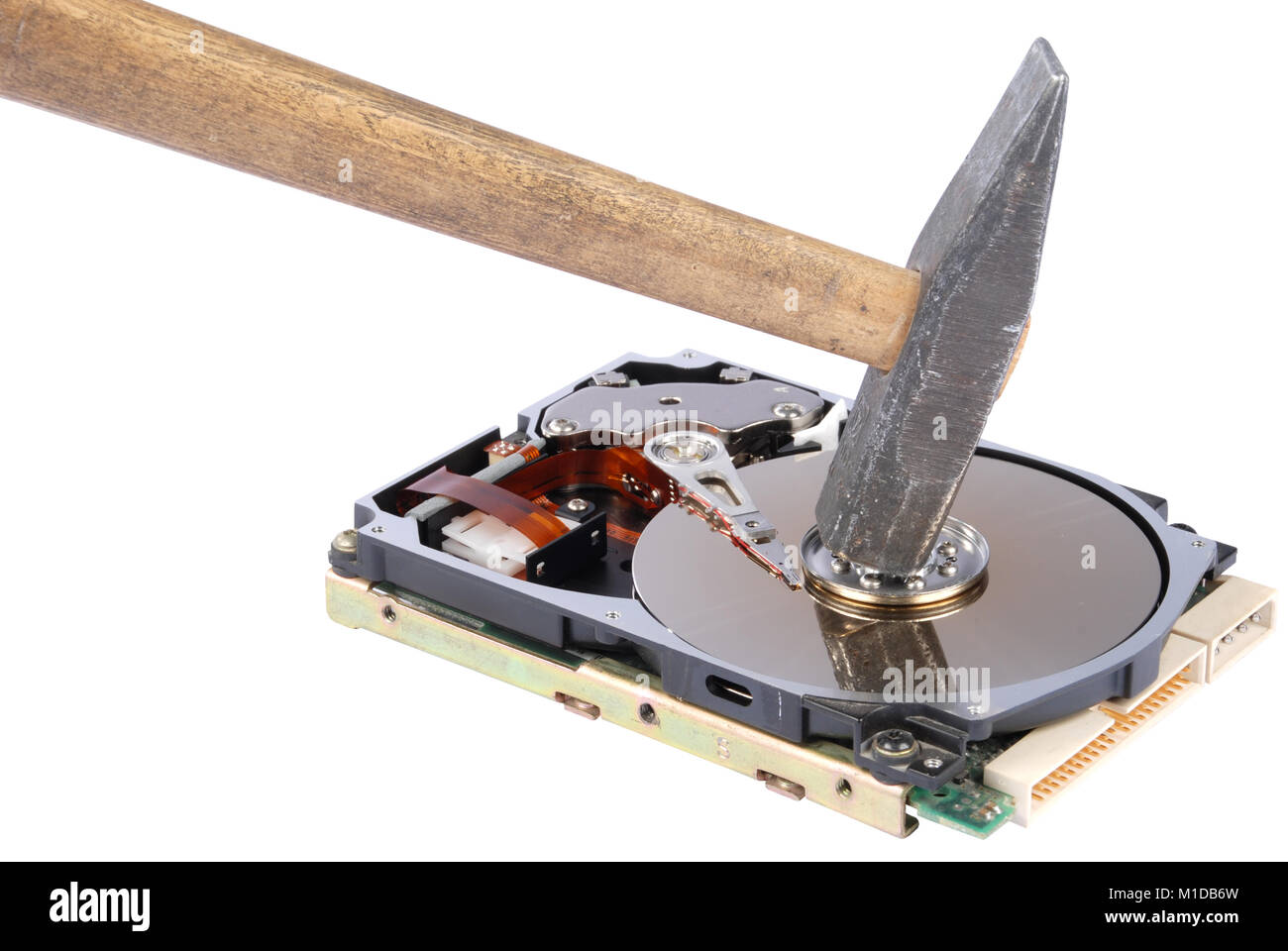 Destroying data from hard disk - conceptual photo. On white background ...