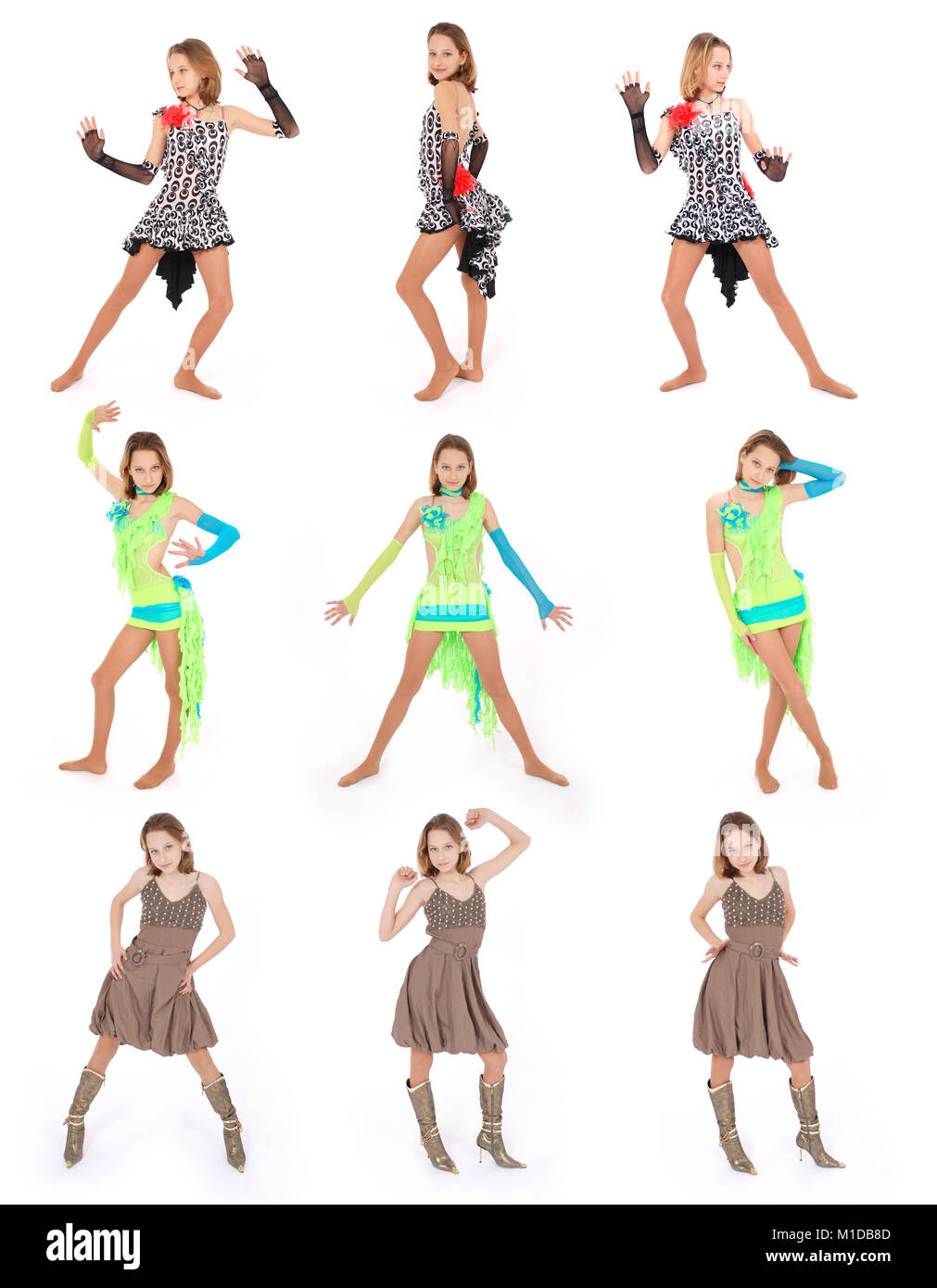 girl in color dress posing in studio nine poses on white background ...