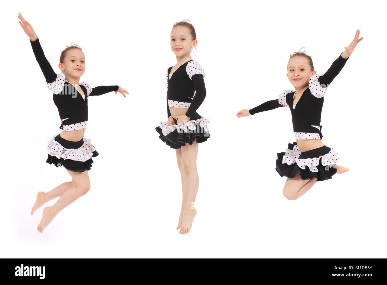 Little handsome jumping girl in three poses on white background Stock ...