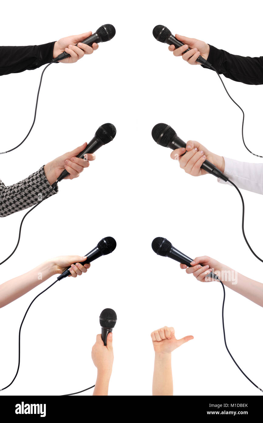 Hand with microphone isolated on white background Stock Photo - Alamy