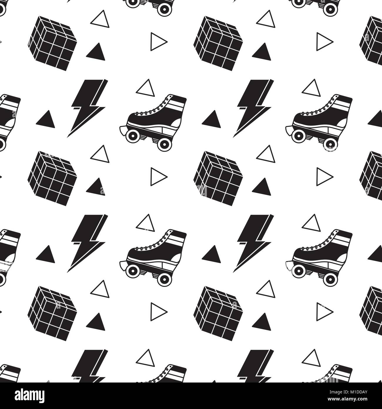 seamless pattern roller skate and rubik cube memphis image Stock Vector ...