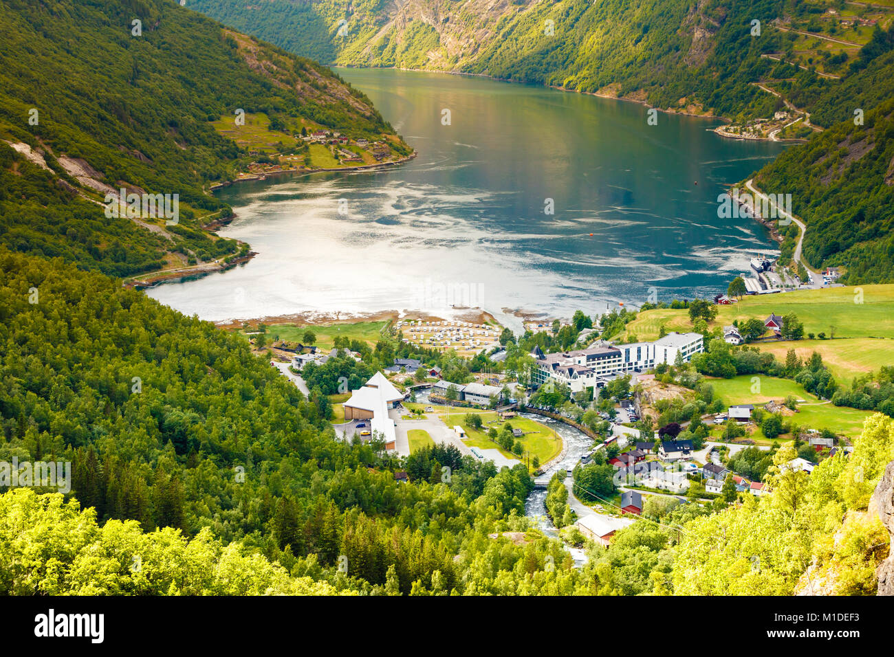 Tourism vacation and traveling. Fantastic view on Geirangerfjord green ...