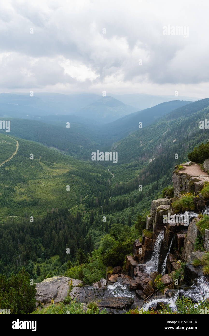 Beautiful view from mountains to the nice waterfall and green valley ...