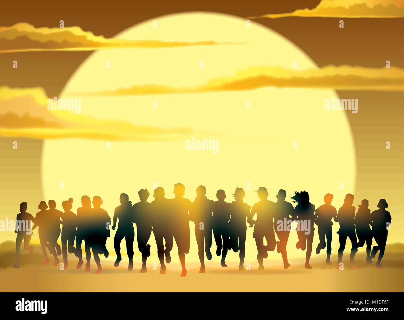 Front view of the crowd of young people running in the marathon against ...