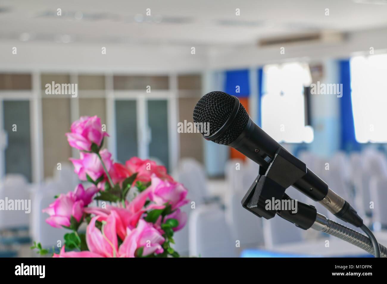 microphone on stand Close up in conference room :Select focus with ...