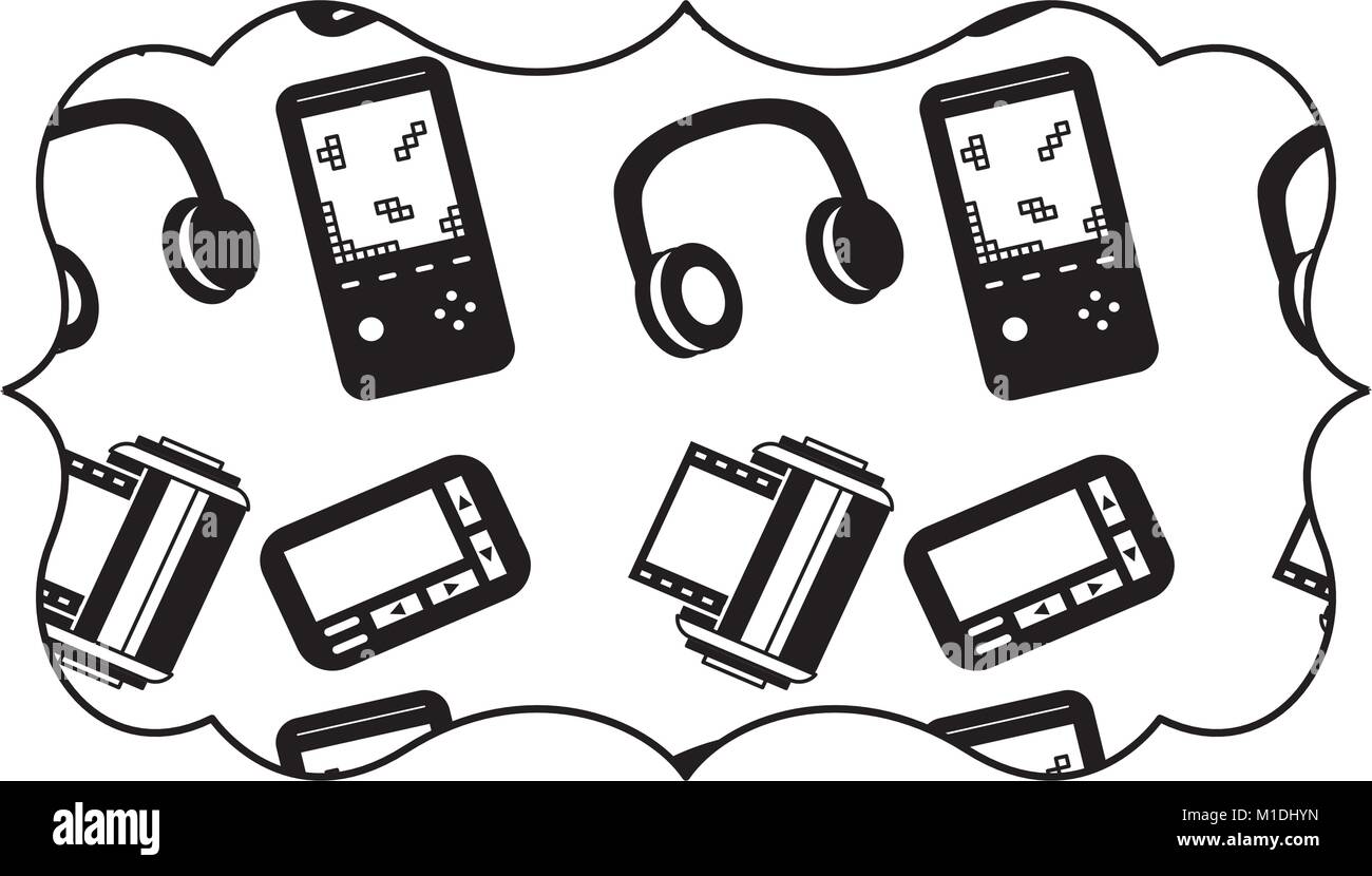 sticker retro video game and headphones vector illustration black image ...