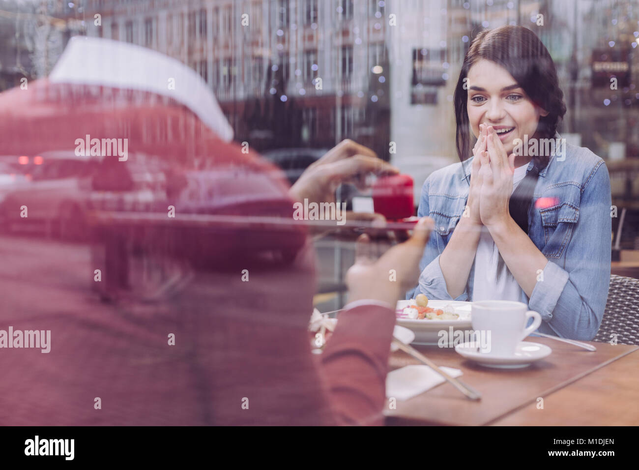 Appealing adorable woman taking proposal Stock Photo - Alamy