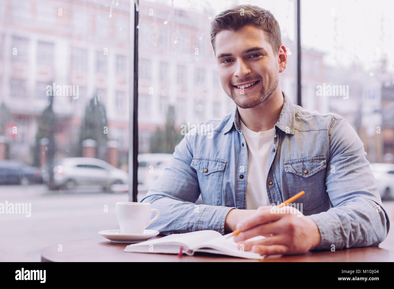 Handsome male student doing task Stock Photo - Alamy