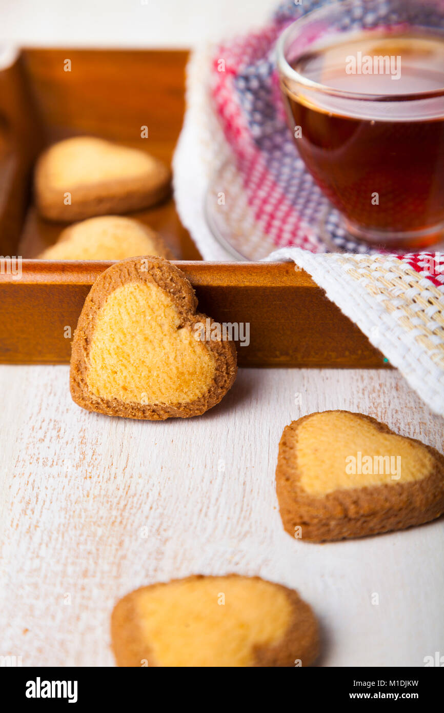 Heart-shaped cookies and tea for St. Valentine's Day. Romantic ...