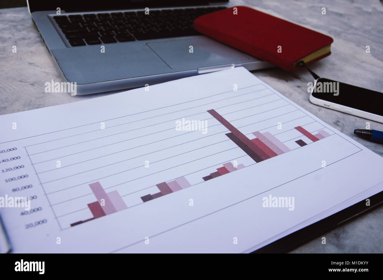 Financial chart with computer laptops and notebooks Stock Photo - Alamy