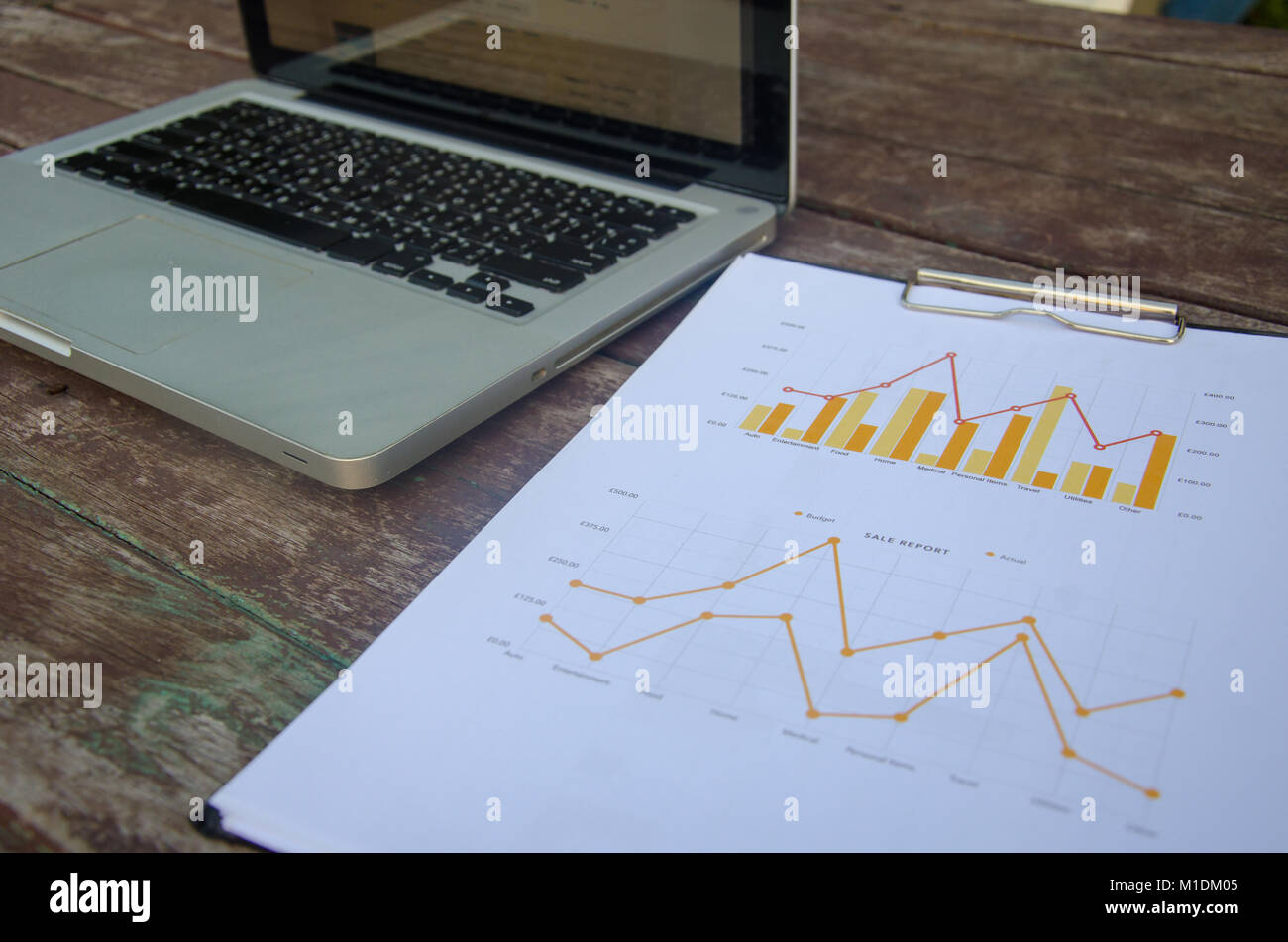 Financial chart with computer laptops on table woods Stock Photo - Alamy