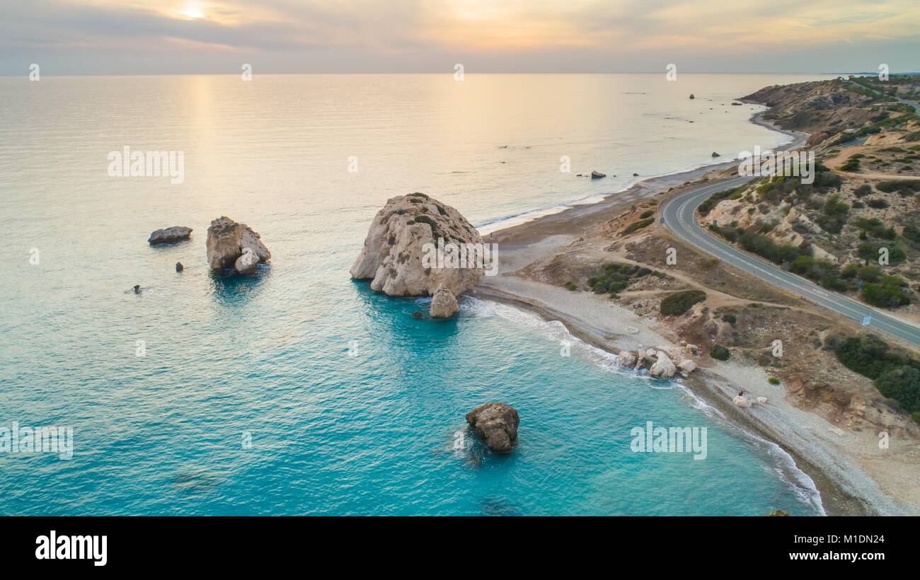 Aerial Bird's eye view of Petra tou Romiou, aka Aphrodite's rock a ...