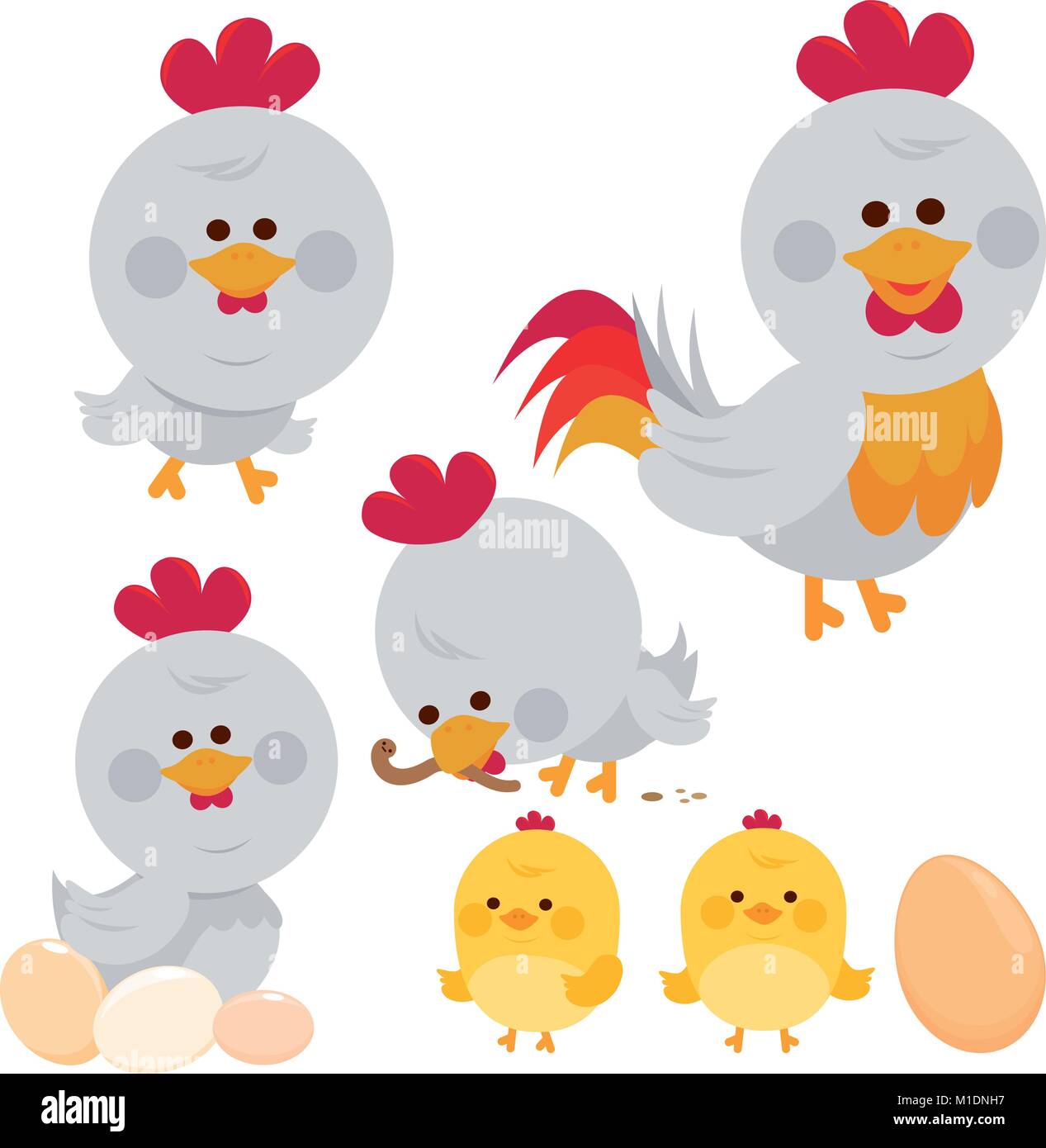 Chicken birds at the farm. Cartoon chicks and rooster bird. Cute ...