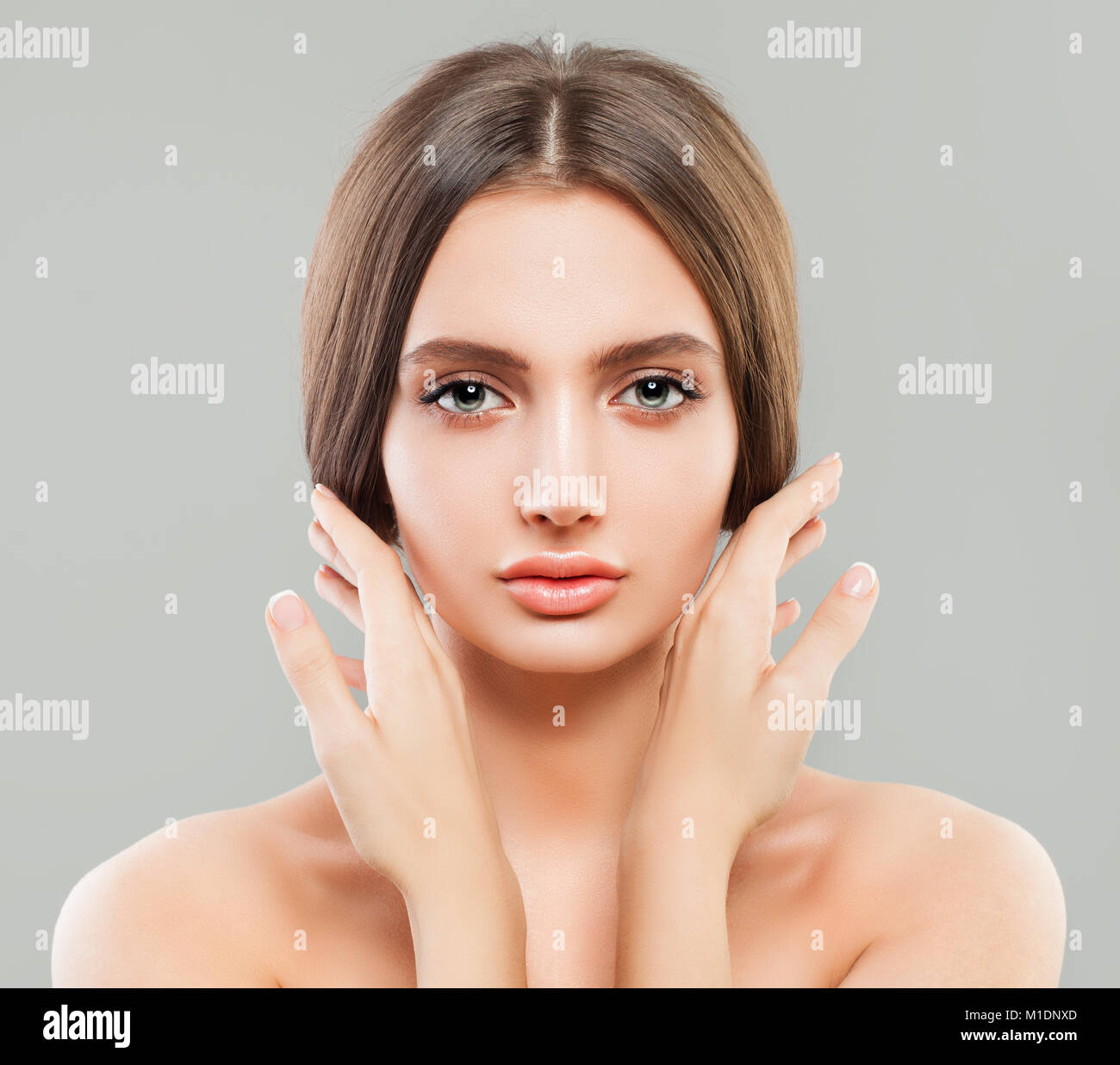 Young Healthy Woman with Clear Skin, Manicured Hands. Perfect Female ...