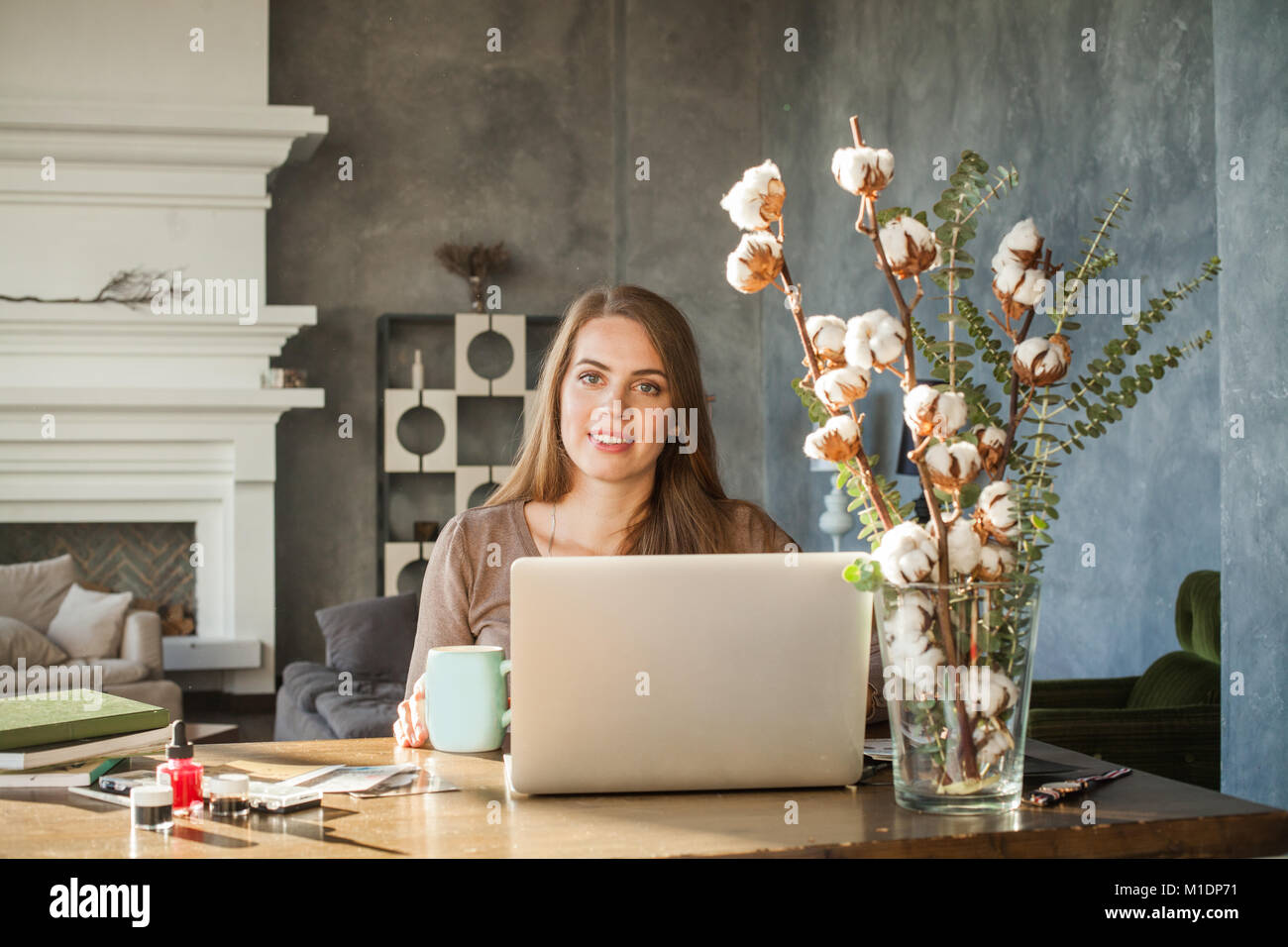 Cheerful Model Woman Using Computer. Portrait of Beautiful Happy ...
