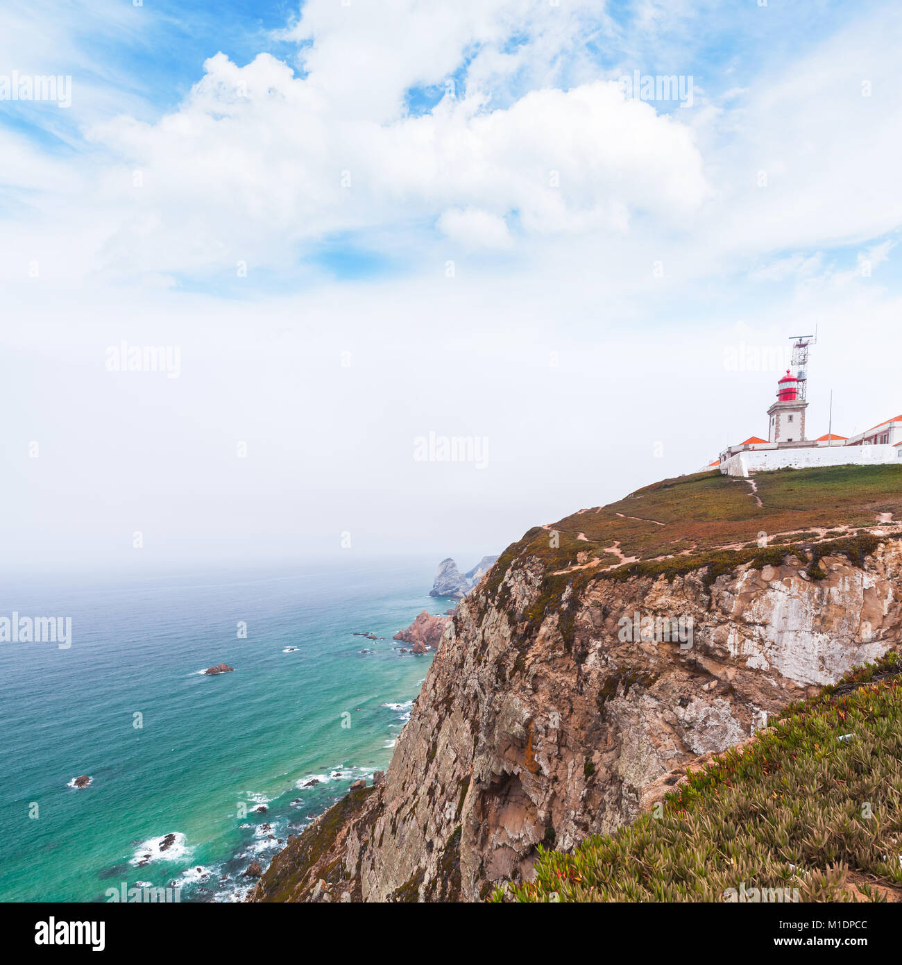 Landscape of Cabo da Roca with the lighthouse on the rock, it is a ...