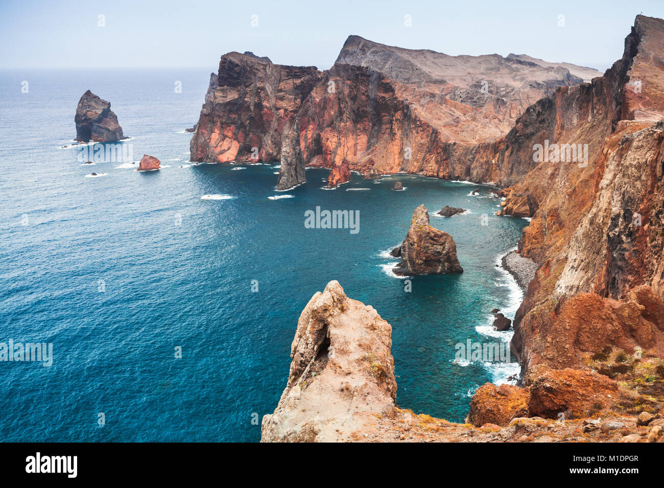 Coastal red rocks of Ponta de Sao Laurenco. Landscape of Madeira island ...