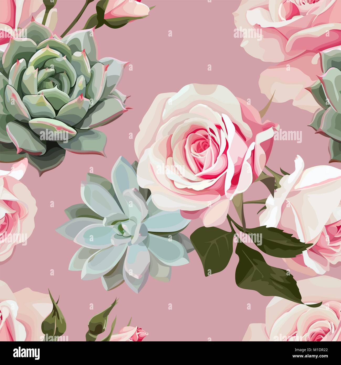 Succulents and roses vector seamless pattern of floral ornament with ...
