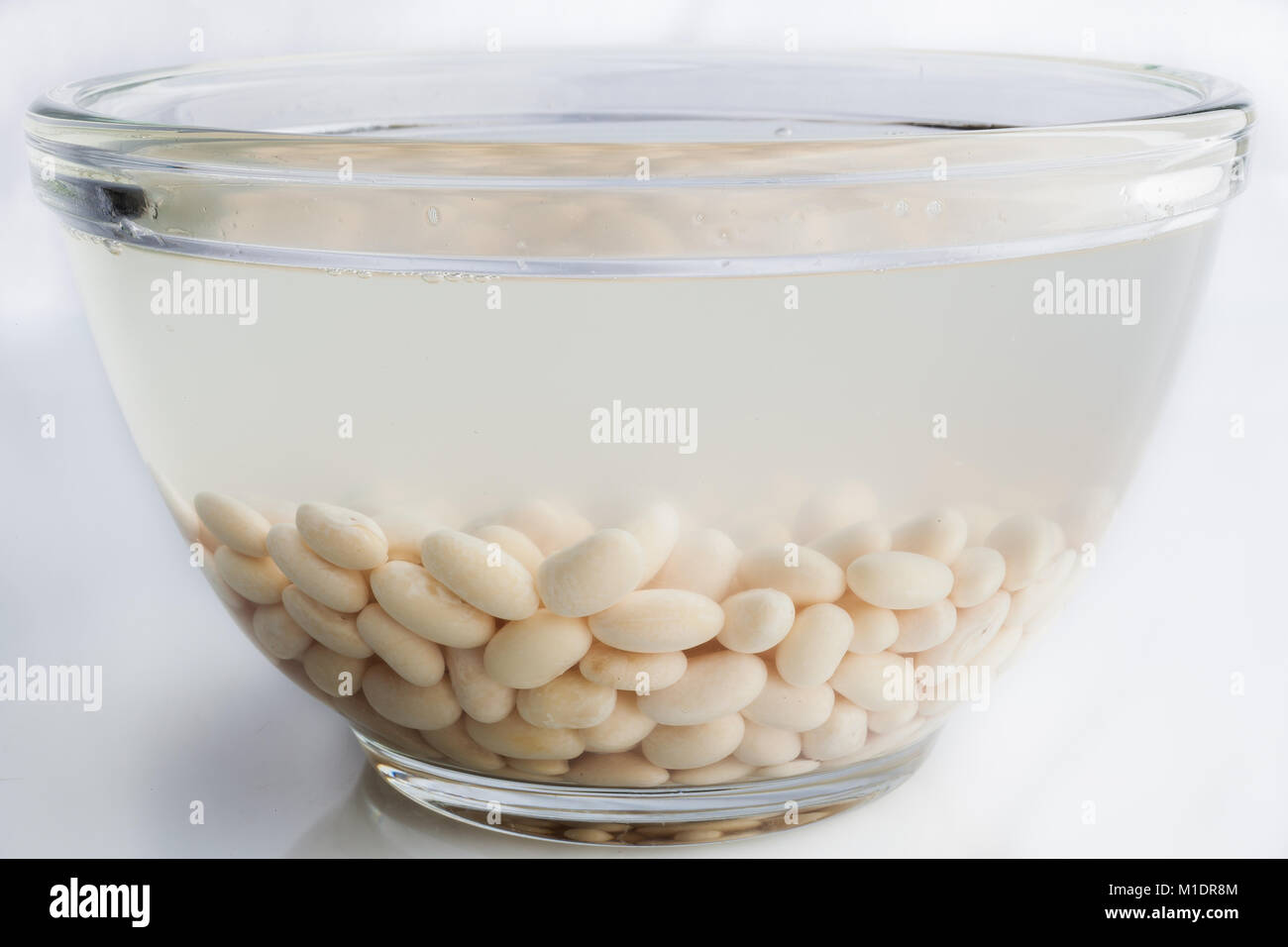 White beans soaked in water in glass bowl on white background Stock ...