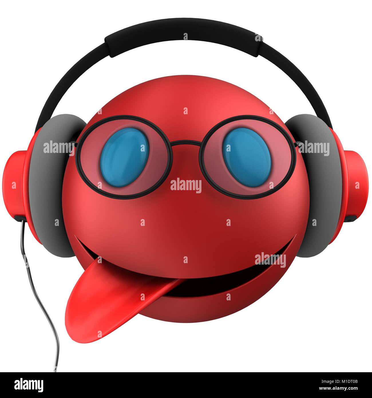 3d illustration of red emoticon smile with red headphones over white ...