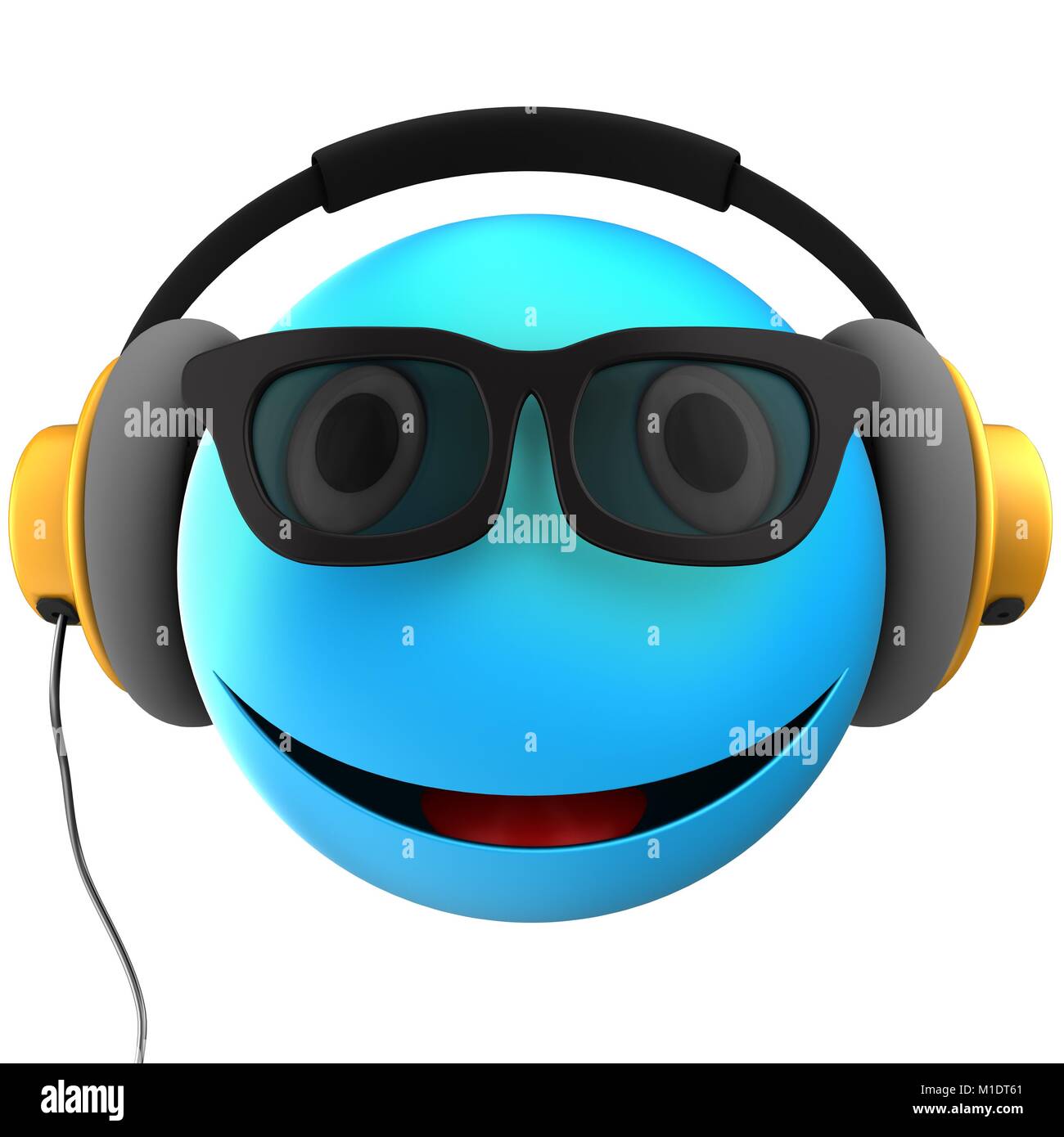 3d illustration of blue emoticon smile with yellow headphones over ...