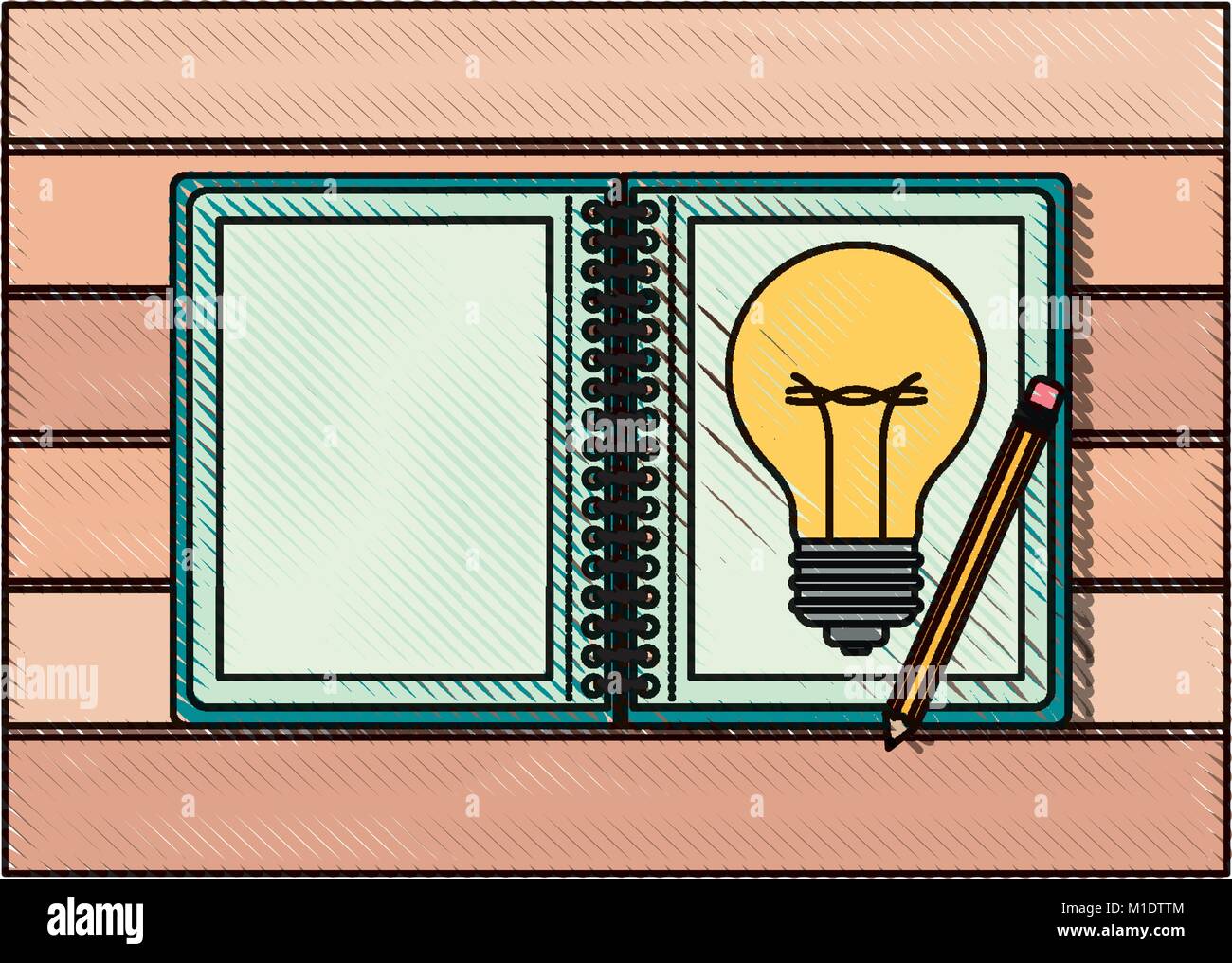 spiral notebook with light bulb in sheet and pencil over desk on top ...