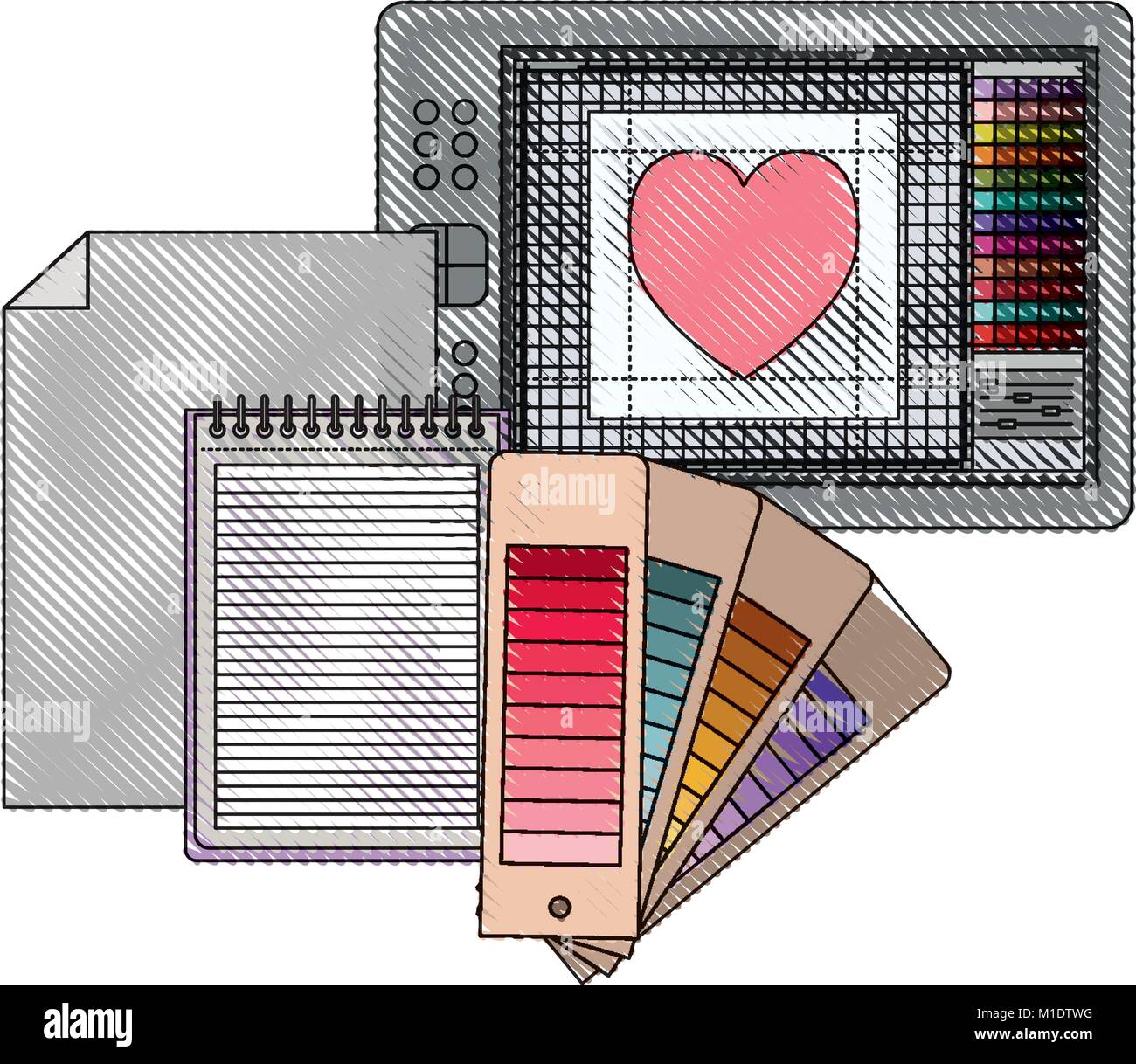 tablet digitizer and palette color guide and notebook in colored crayon ...
