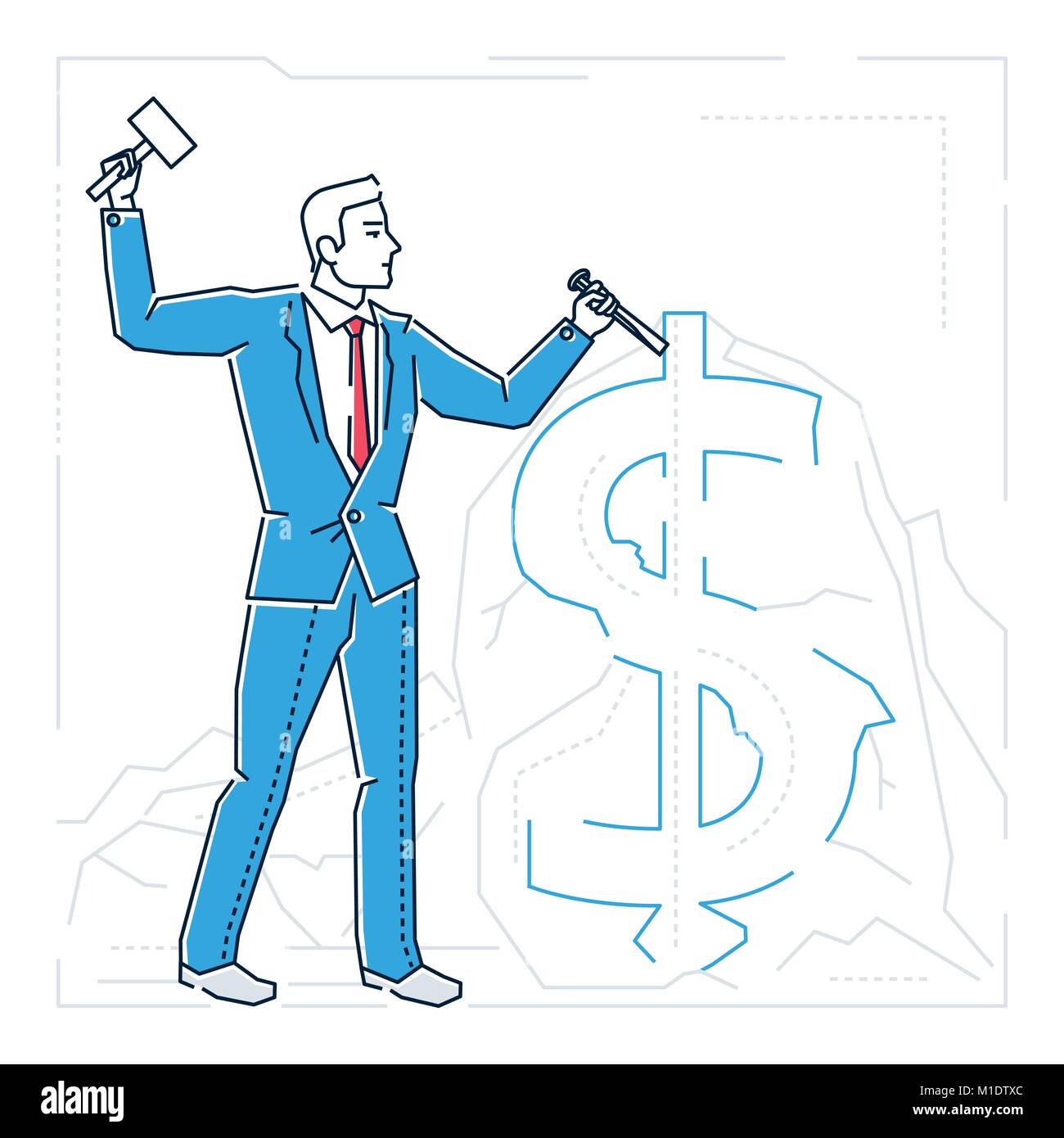 Businessman making money - line design style isolated illustration ...